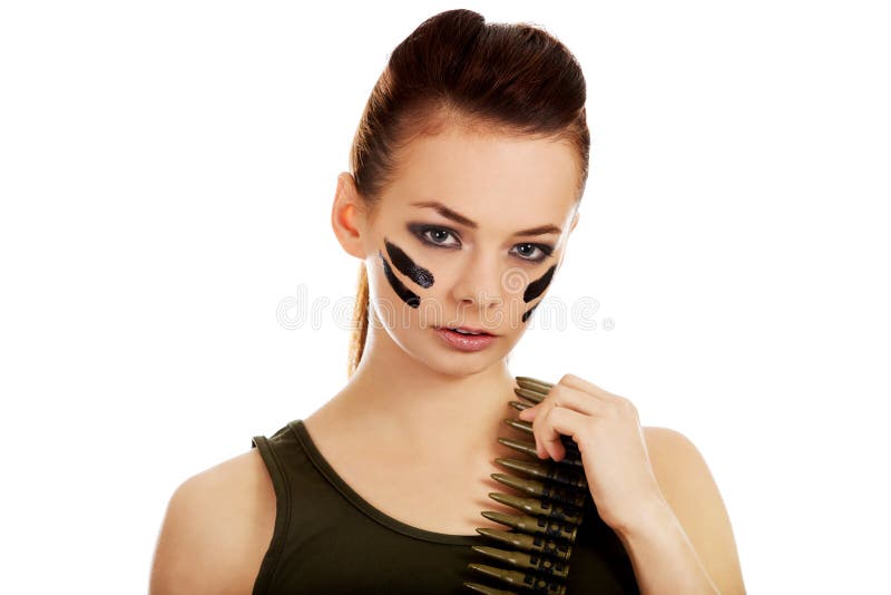 Serious Military Woman with Bullet Belt Stock Image - Image of person ...