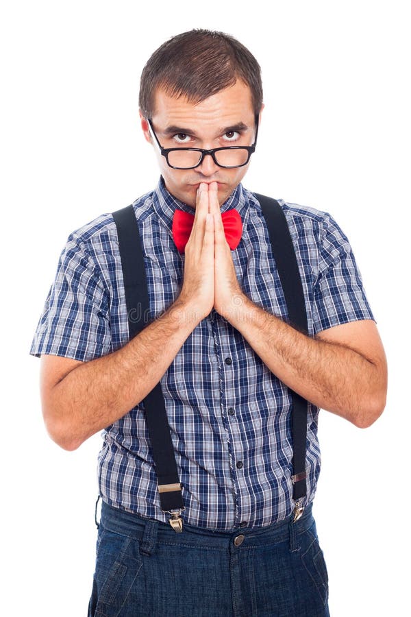 Nerd Man Thinking Against Light Grey Background Stock Photo - Image of ...