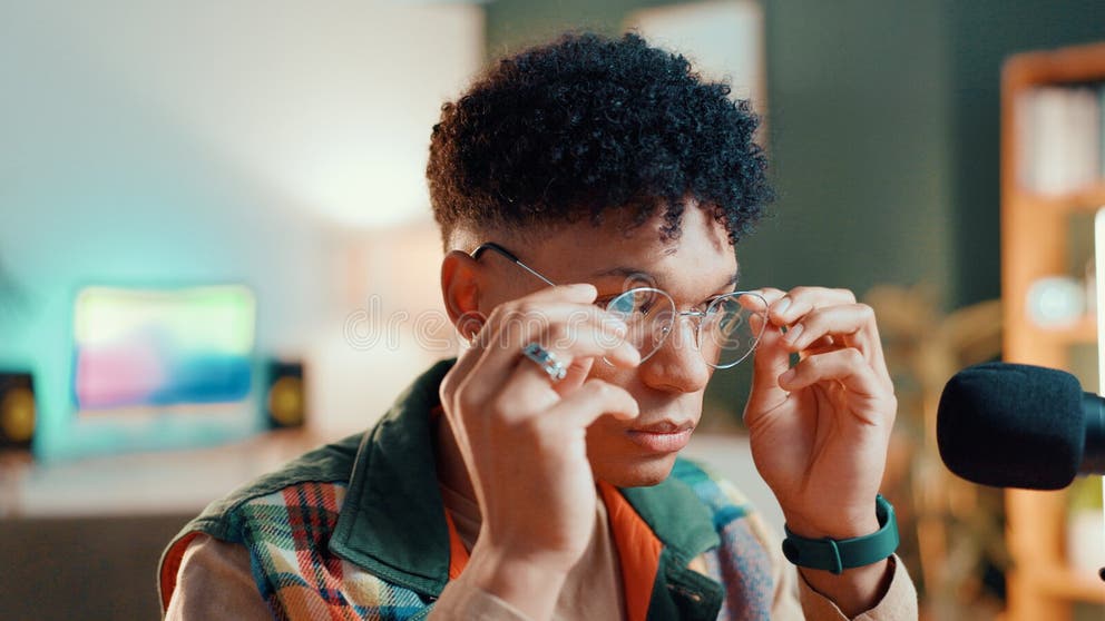 Serious, Podcaster and Man with Glasses, Mic or Ready for Live ...