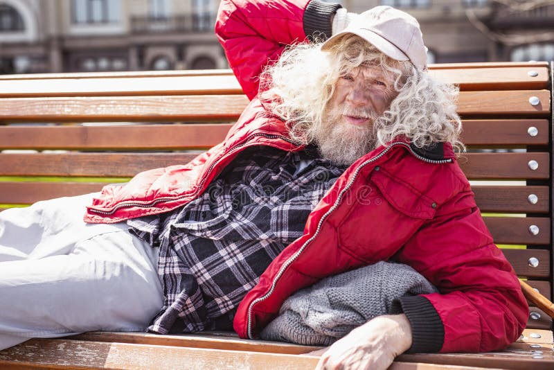 Serious Poor Man Lying on the Bench Stock Photo - Image of caucasian ...