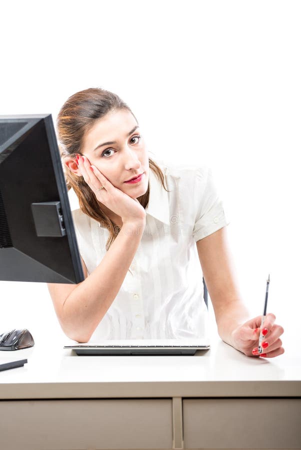 Positive Office Employe Working at Computer Desk with Woman Colleague ...