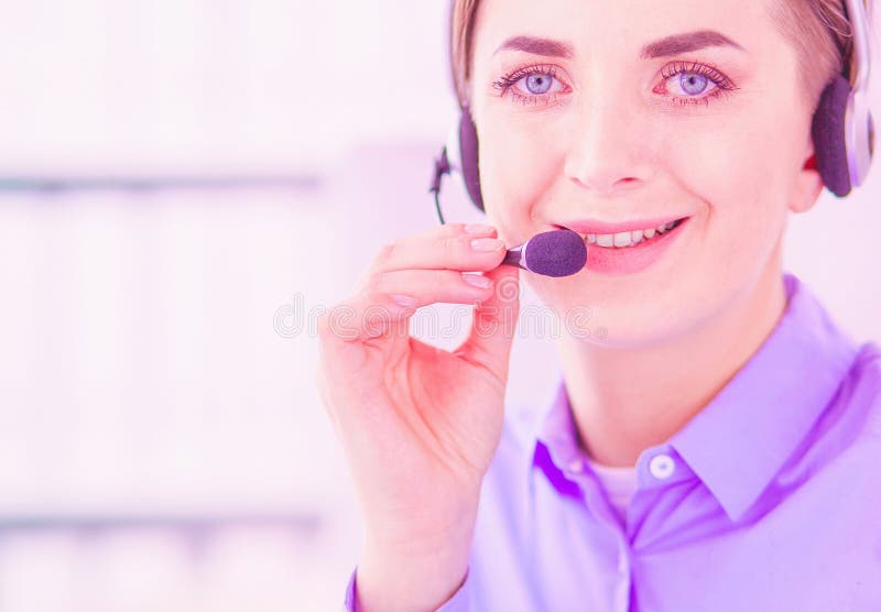 Serious Pretty Young Woman Working As Support Phone Operator with ...