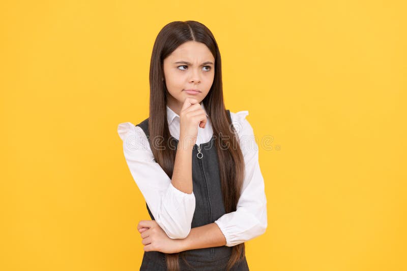 Serious School-aged Girl Child Keep Thinking Blue Background, Think ...