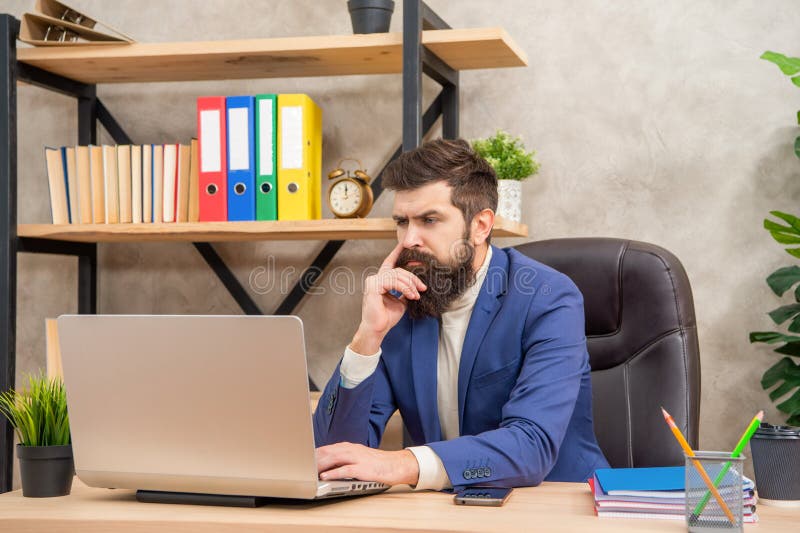Serious Professional Man in Suit Working on Work Computer in Office ...