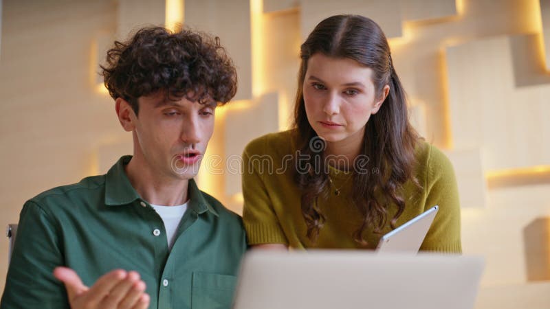 Serious Professionals Video Calling in Corporate Office Closeup. Man ...