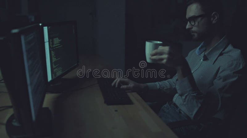 Serious Thoughtful Programmer Working at Night Stock Footage - Video of ...