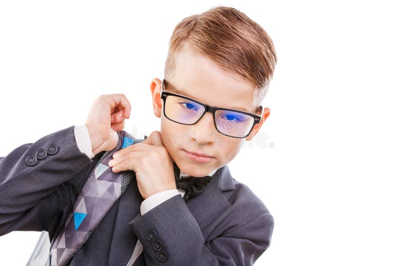 Serious Schoolboy Put on His Backpack Isolated Stock Image - Image of ...