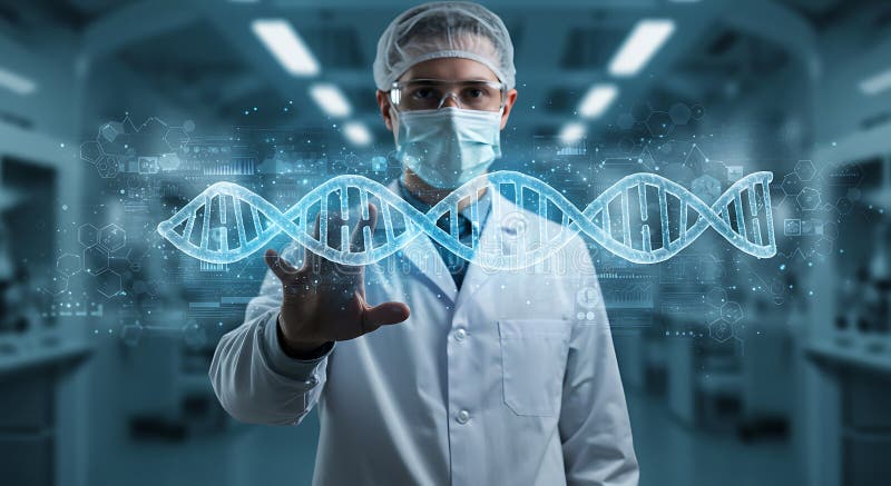 Serious Scientist Touching Digital Dna Helix in Blue Lit Lab Stock ...