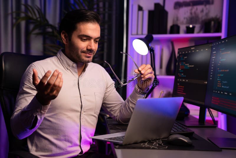 Serious Smart it Developer Meeting Via Application Team Record Laptop ...