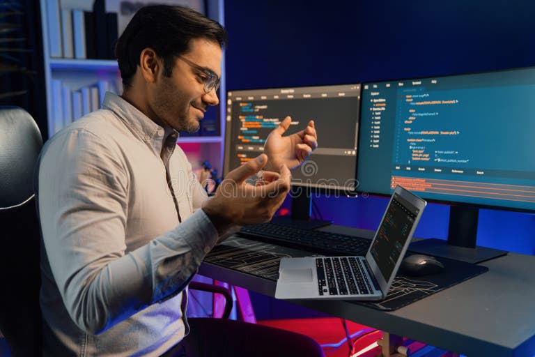 Serious Smart it Developer Meeting Via Application Team Record Laptop ...