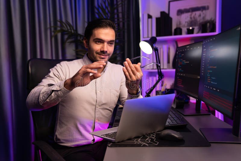 Serious Smart it Developer Meeting Via Application Team Record Laptop ...