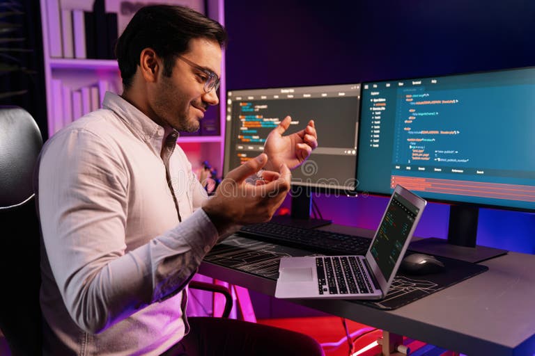 Serious Smart it Developer Meeting Via Application Team Record Laptop ...