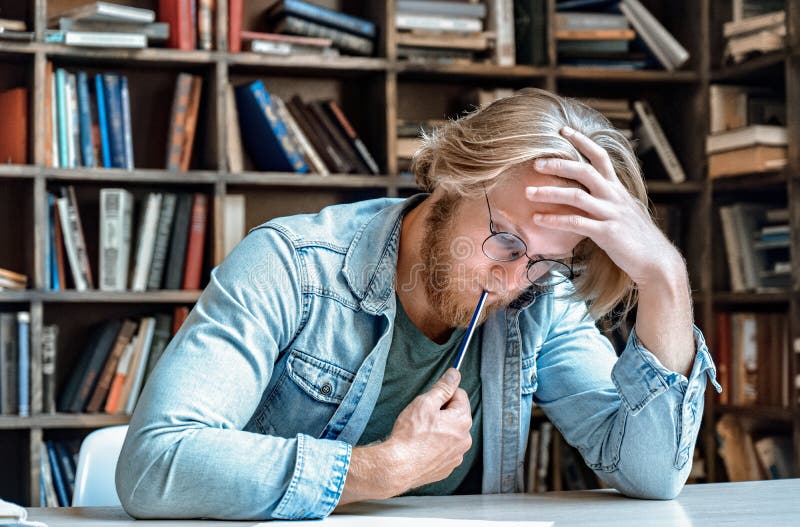 Serious Smart Focused Student Glasses Library Desk Think on Task Solve ...