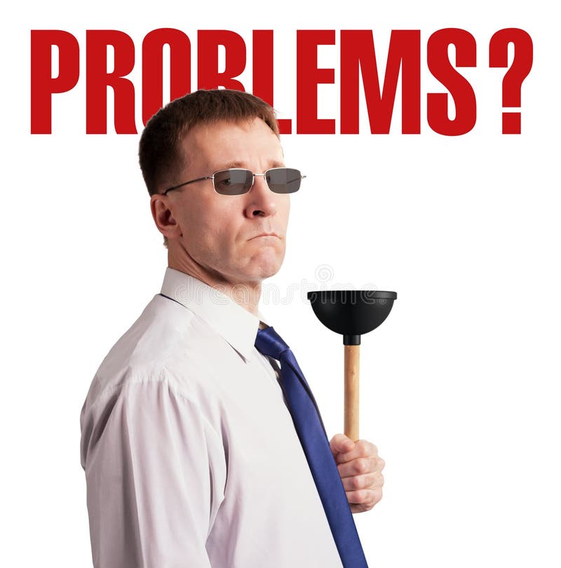 Serious Solid Man in a Tie and Glasses with a Plunger in His Hands and ...