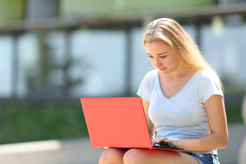 Serious Student E-learning Using Laptop Outdoors Stock Image - Image of ...