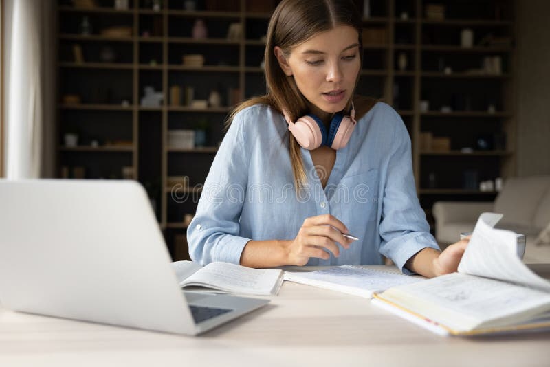 Serious Student Girl Preparing for Exam, Reading Book at Desk Stock ...