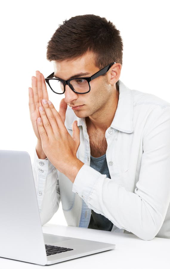 508 Young Man Thinking Serious Laptop Computer White Desk Stock Photos ...