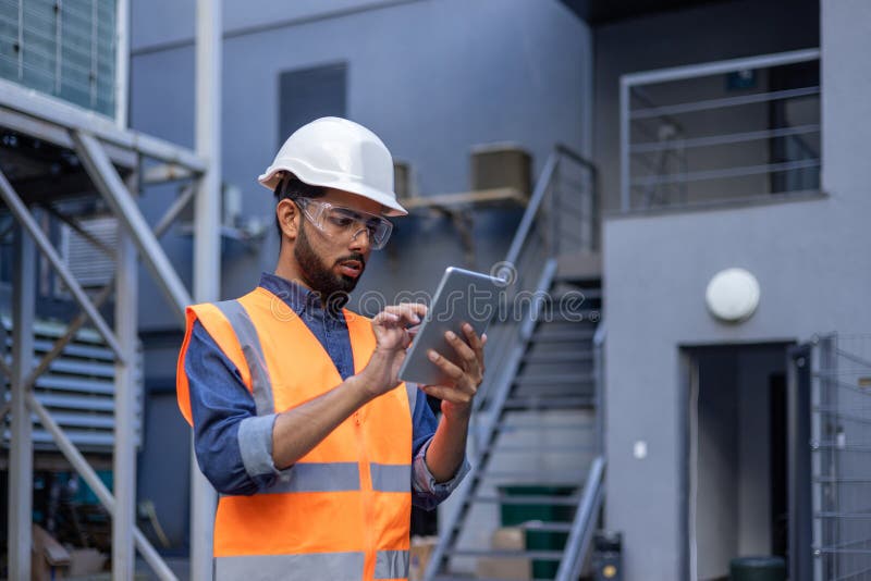 Serious Thinking and Focused Engineer Working in Factory in Hard Hat ...