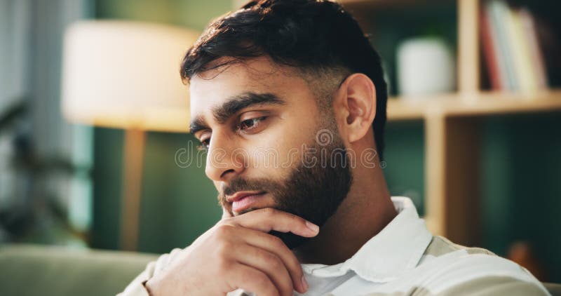 Serious, Thinking and Man in Home with Decision, Planning or Remember ...