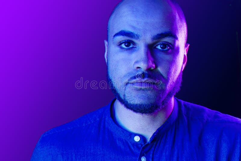 Serious Thoughtful Black Guy Portrait in Neon Light Stock Photo - Image ...