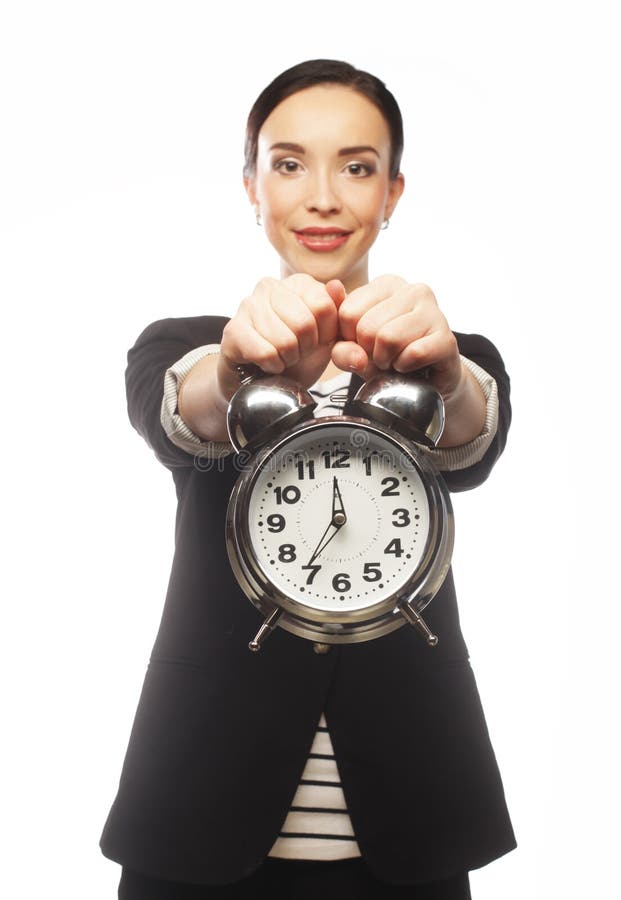 Serious Woman with Alarm Clock Isolated on White. Stock Photo - Image ...