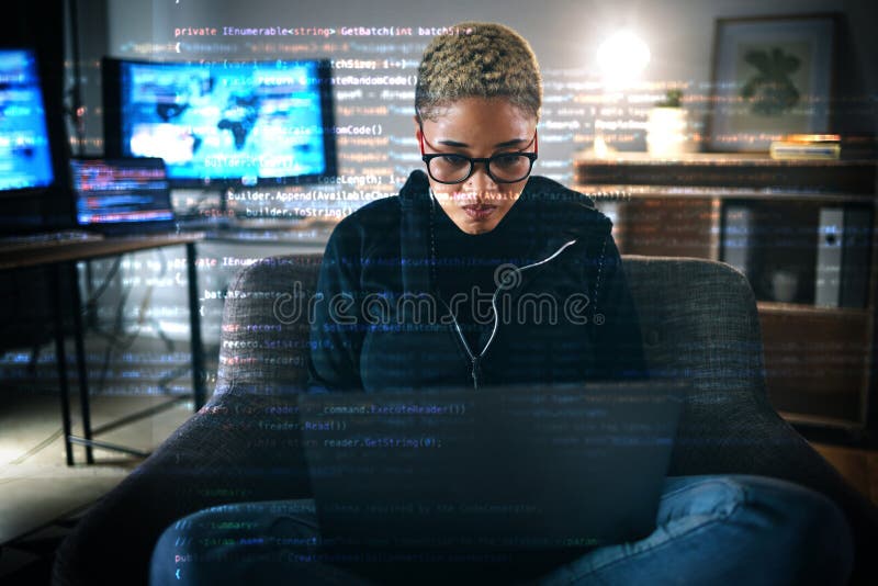 Serious Woman Code Overlay And Laptop Typing With Cybersecurity Hacker And Software Data