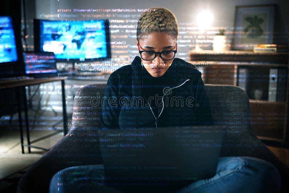Serious Woman, Code Overlay and Laptop Typing with Cybersecurity ...