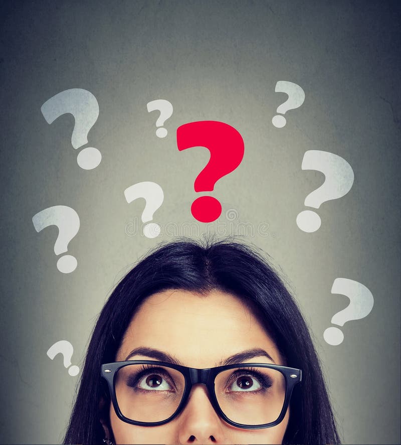 Serious Woman Looking Up at Key Question Stock Image - Image of career ...