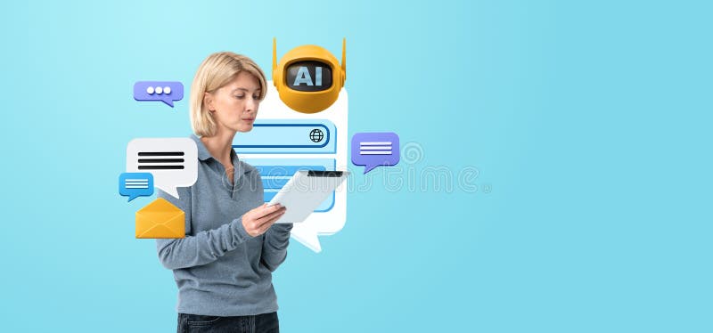 Serious Woman Using Tablet and Chat Bot, Machine Learning and ...