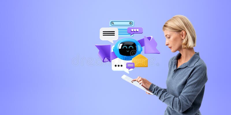 Serious Woman Using Tablet with Chat Bot, Virtual Assistant and ...