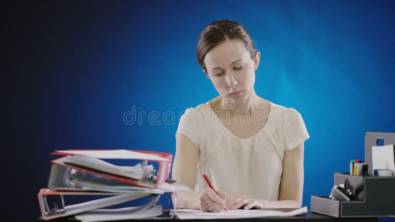 Serious Woman Writing Pen on Paper Stock Video - Video of casual ...
