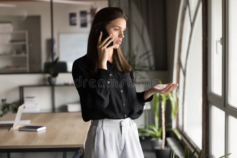 Serious Young Business Woman Talking on Mobile Phone in Office Stock ...