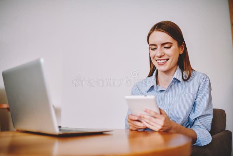 Serious Young Female Received Message on Gadget and Checking ...