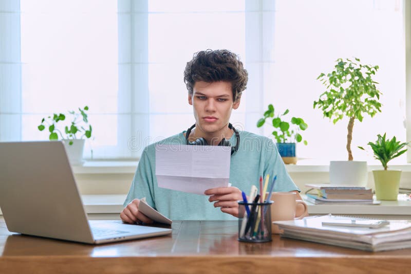 Serious Young Guy Reading Letter, Paper Document Stock Image - Image of ...