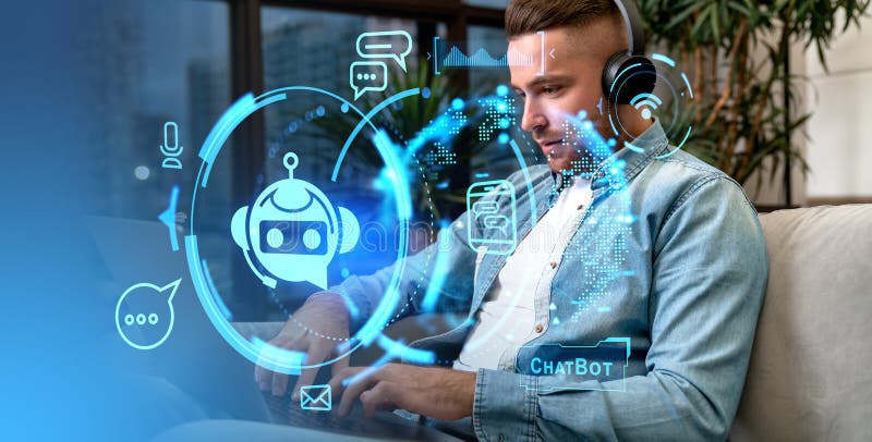 Man with Laptop and AI Robot Stock Photo - Image of interface ...