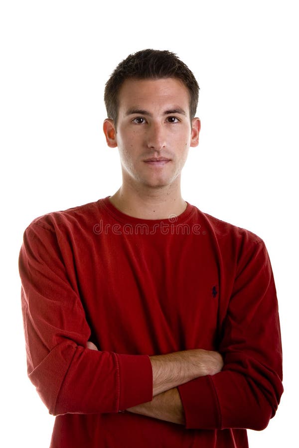 Serious Young Man in Red Shirt Arms Crossed Stock Photo - Image of ...