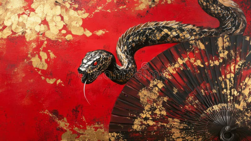 A Serpent Coiled Above a Red and Gold Hand Fan Stock Illustration ...
