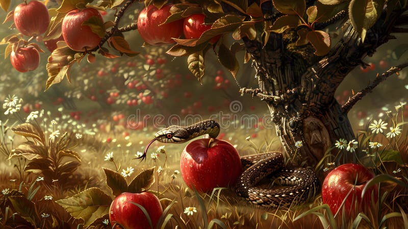 Snake Coiled on Apple Below Tree in Meadow Stock Illustration ...