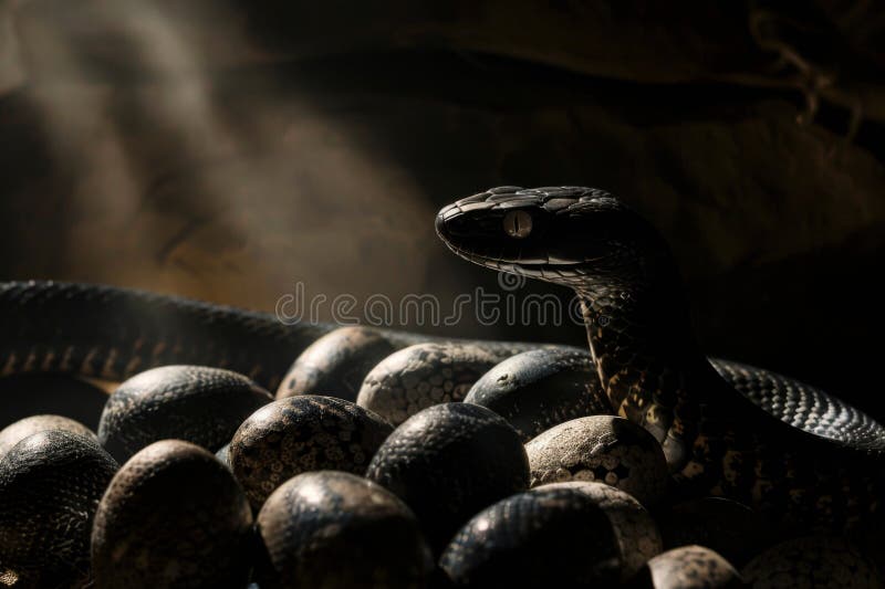 A Serpent Coils on Eggs, a Scaled Reptile in Darkness Stock Image ...