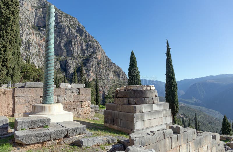 The Serpent Column in Delphi Archaeological Site, Greece Stock Photo ...