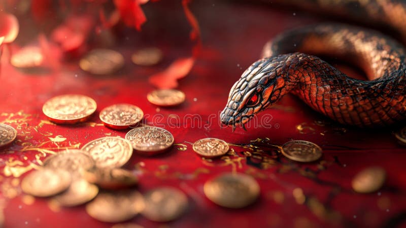 Serpent Guarding Gold Coins on Red Surface Stock Illustration ...