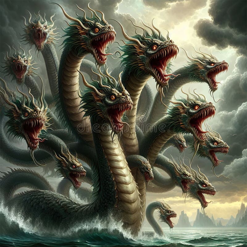 Serpent Hydra Coming Out from the Sea Stock Illustration - Illustration ...
