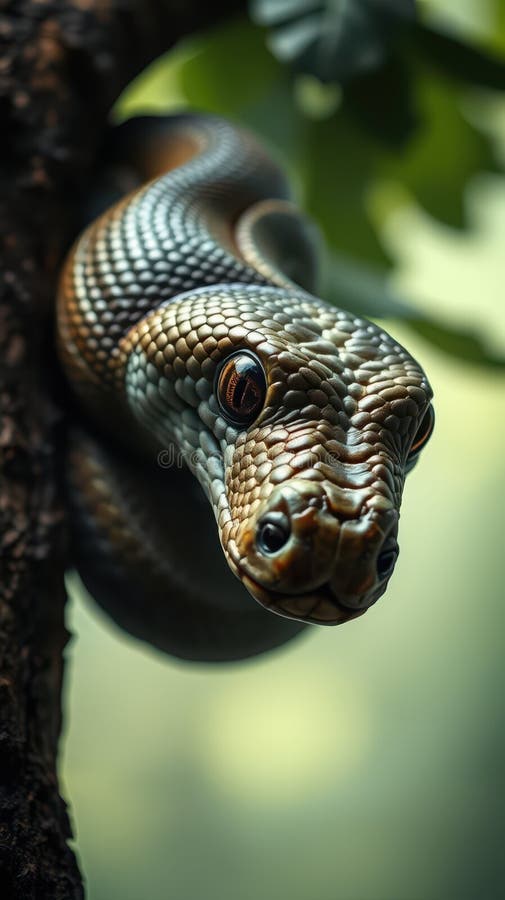 Serpent Resting on a Tree Branch in a Lush Forest during Daylight Hours ...