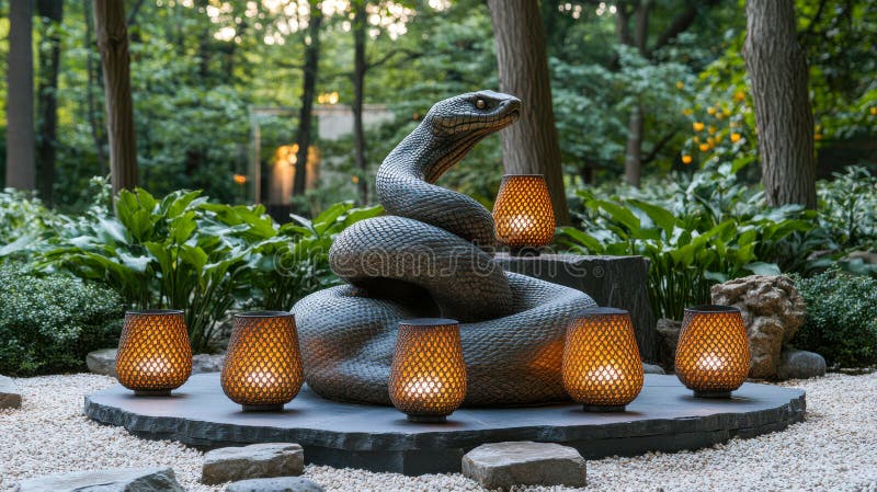Serpent Statue in Tranquil Garden with Lanterns during Evening Stock ...