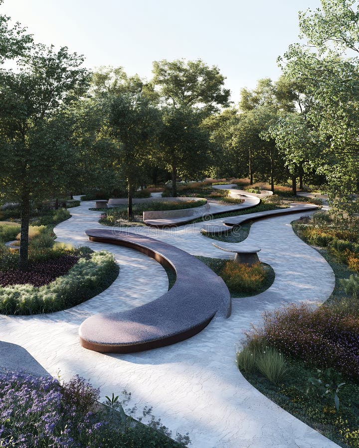 Serpentine Benches Winding Paths in a Tranquil Park Landscape Design ...