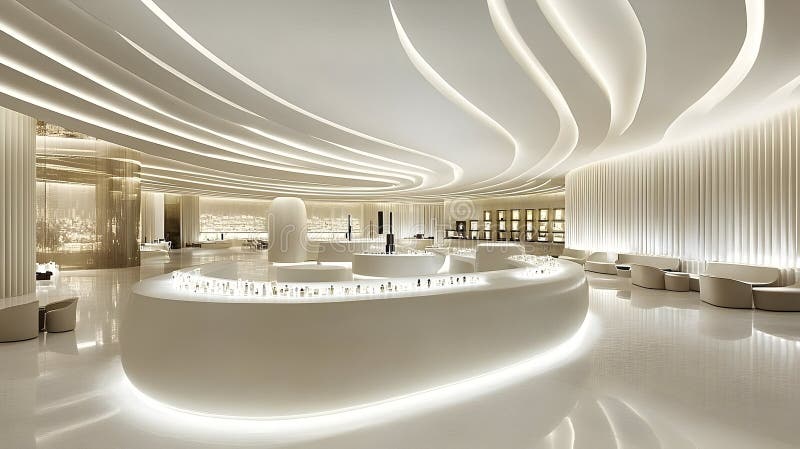Serpentine Counter and Curvilinear Ceiling in Luxurious Lobby Stock ...