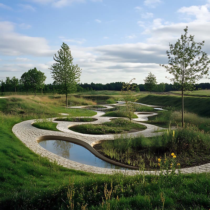 Serpentine Garden Path with Reflecting Pools and Lush Greenery a ...