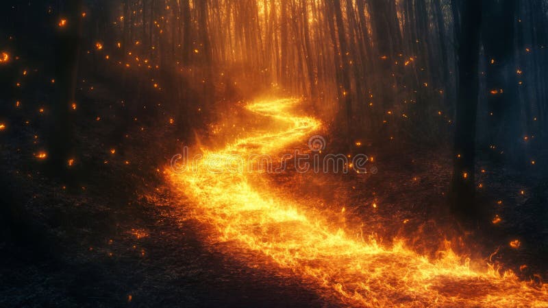 A Serpentine Path of Fire in a Dark Forest Stock Illustration ...