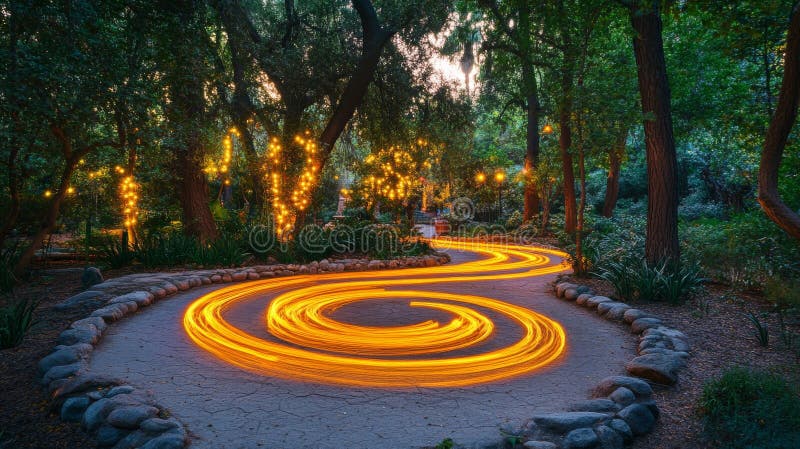 Serpentine Pathway Illuminated by Light Trails in a Garden at Twilight ...
