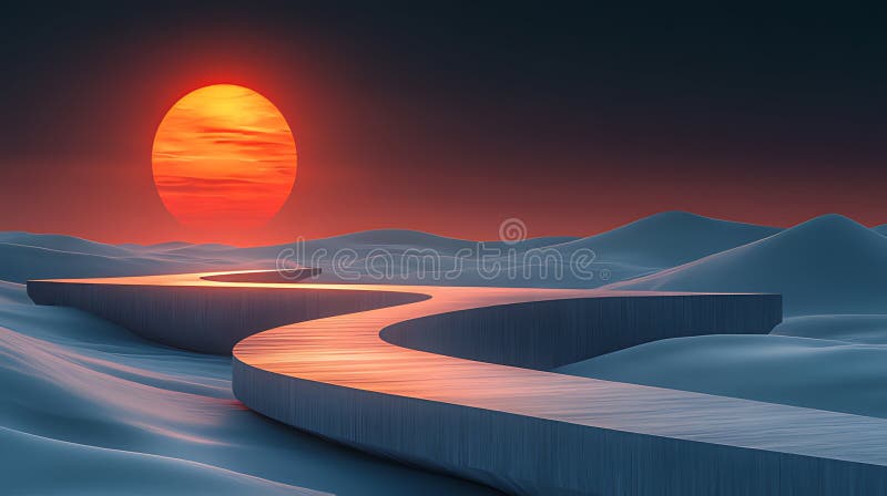 Serpentine Pathway through a Minimalist Desert Landscape at Sunset ...
